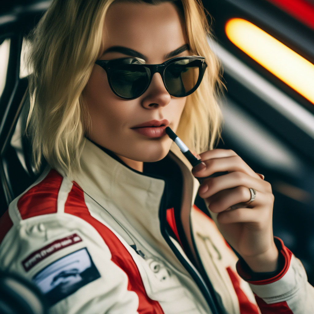 "Wise Margot Robbie smoking a pipe with racing motorsport suit with ...