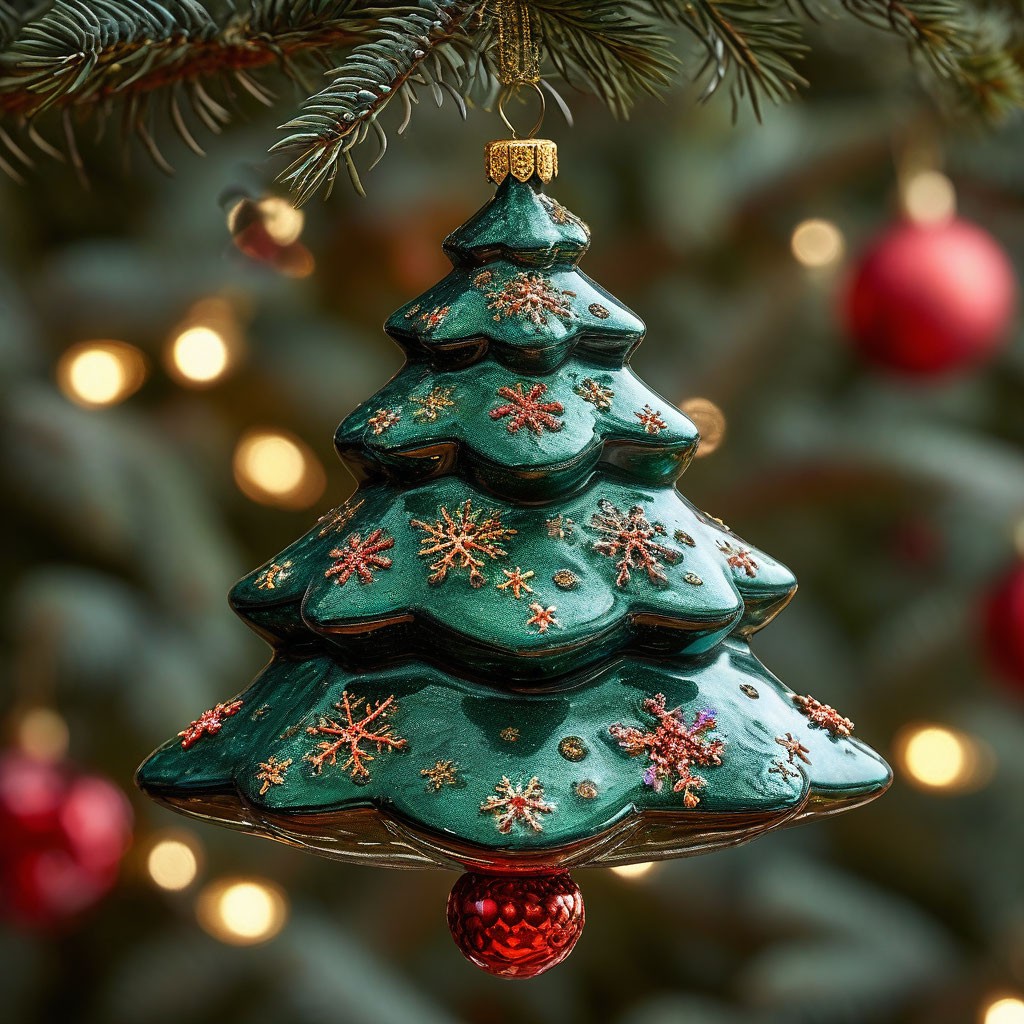 "A toy in the shape of a green Christmas tree with a star and red balls ...