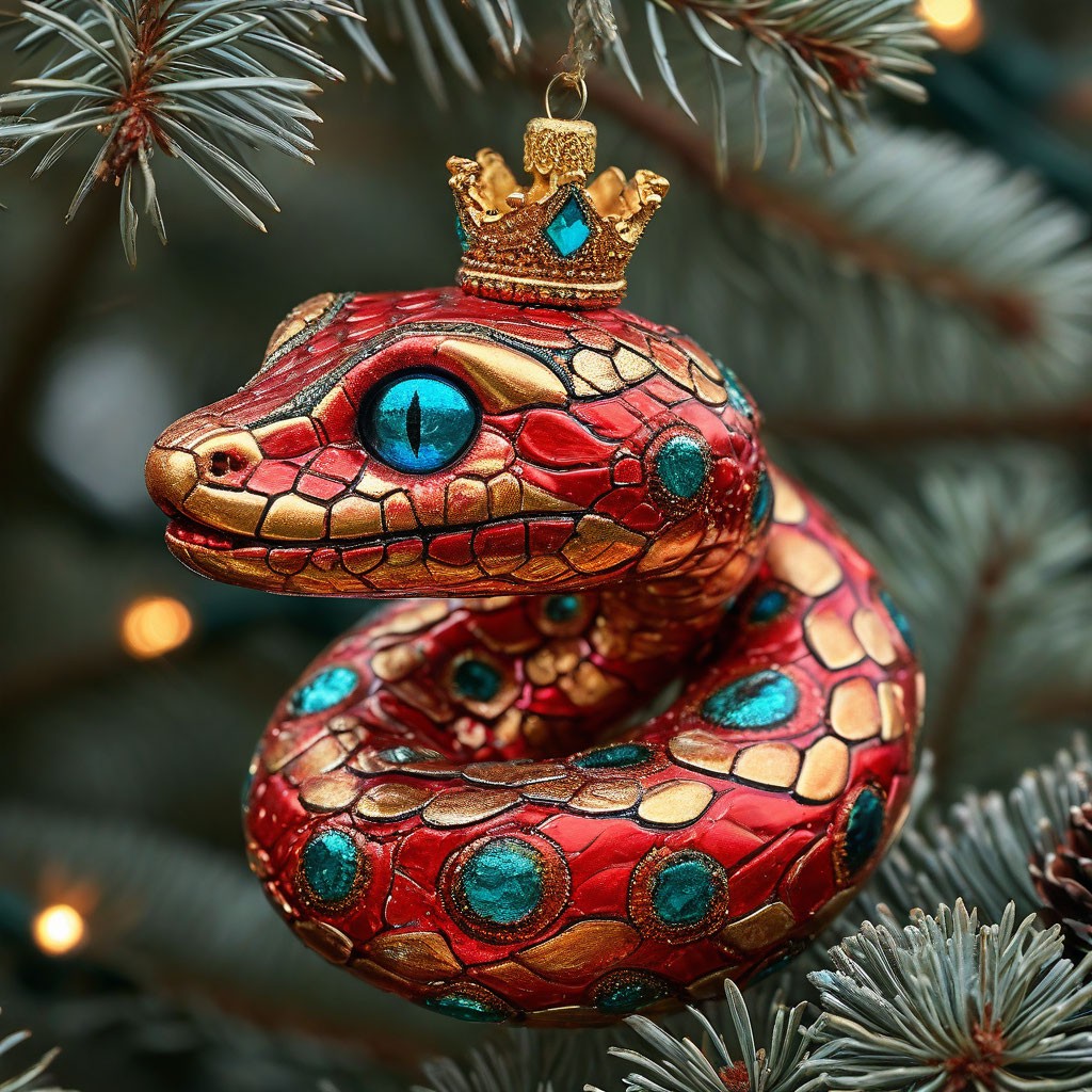 "A beautiful red and gold snake with turquoise eyes and a crown on its ...