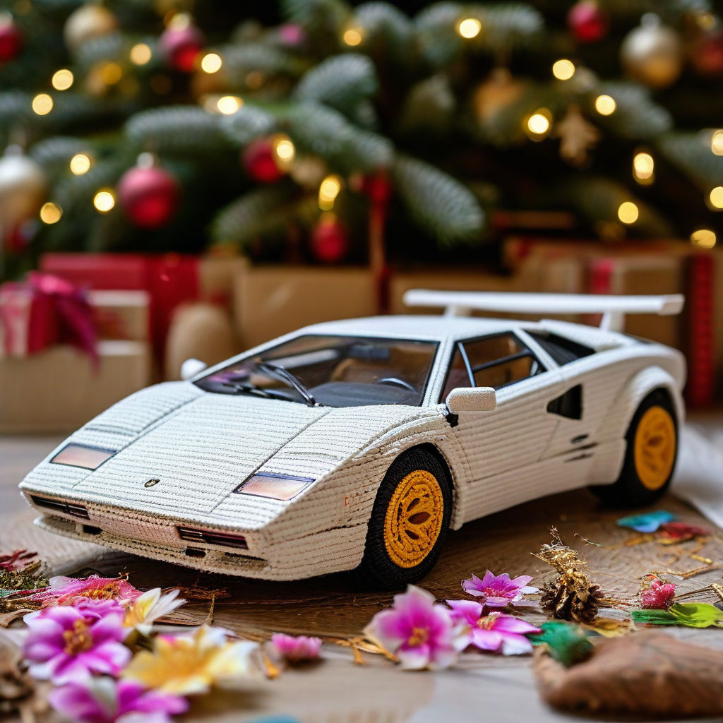 "White knitted Lamborghini Countach toy in sakura petals" — image ...
