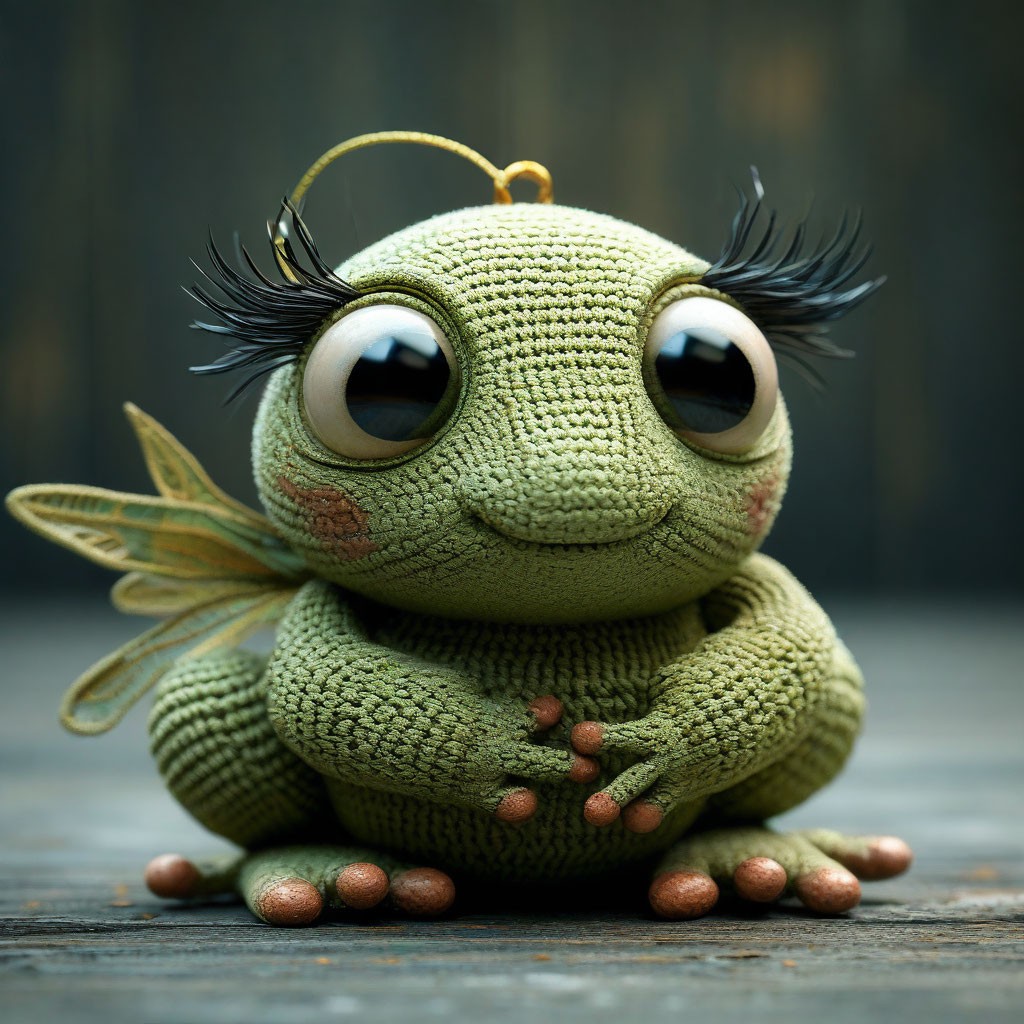 "Cute Knitted A frog with big eyes and long eyelashes with a dragonfly ...