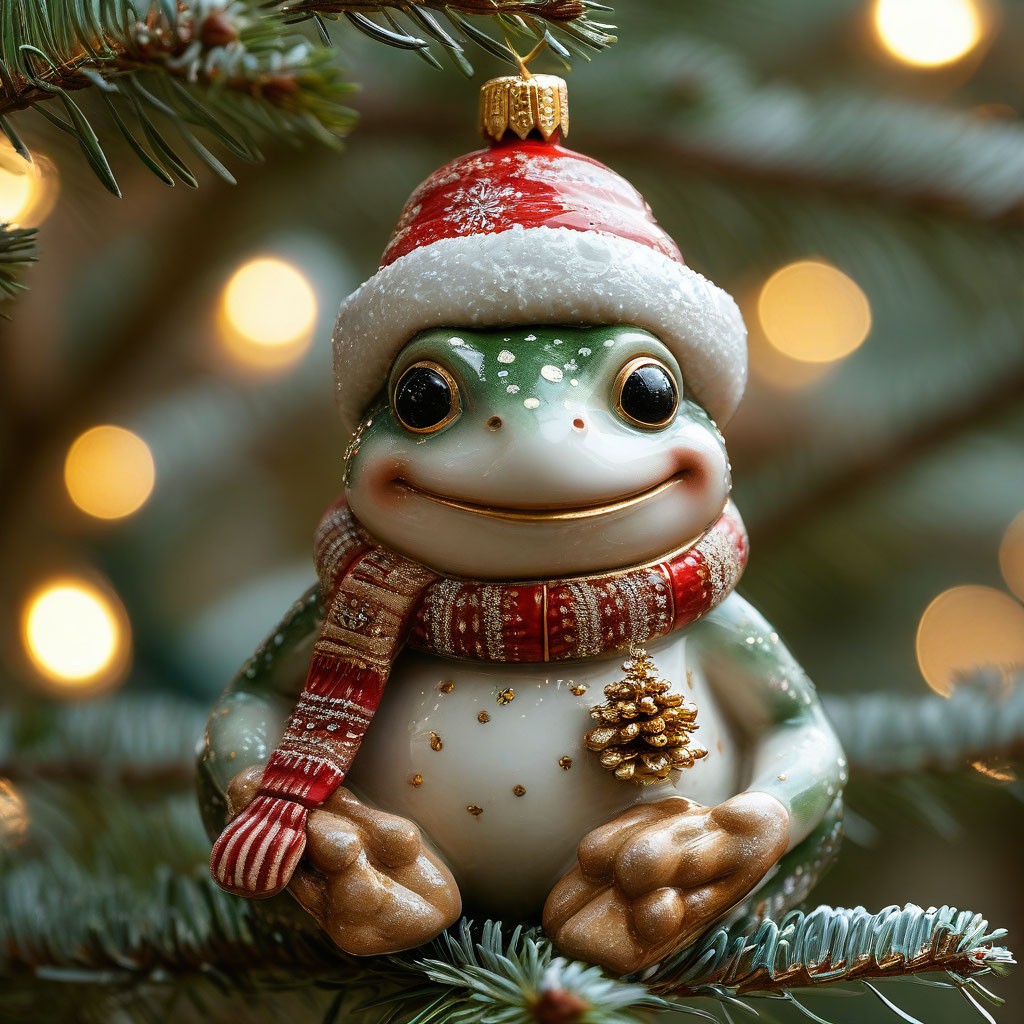 "A cheerful frog in a New Year's hat" — image created in Shedevrum