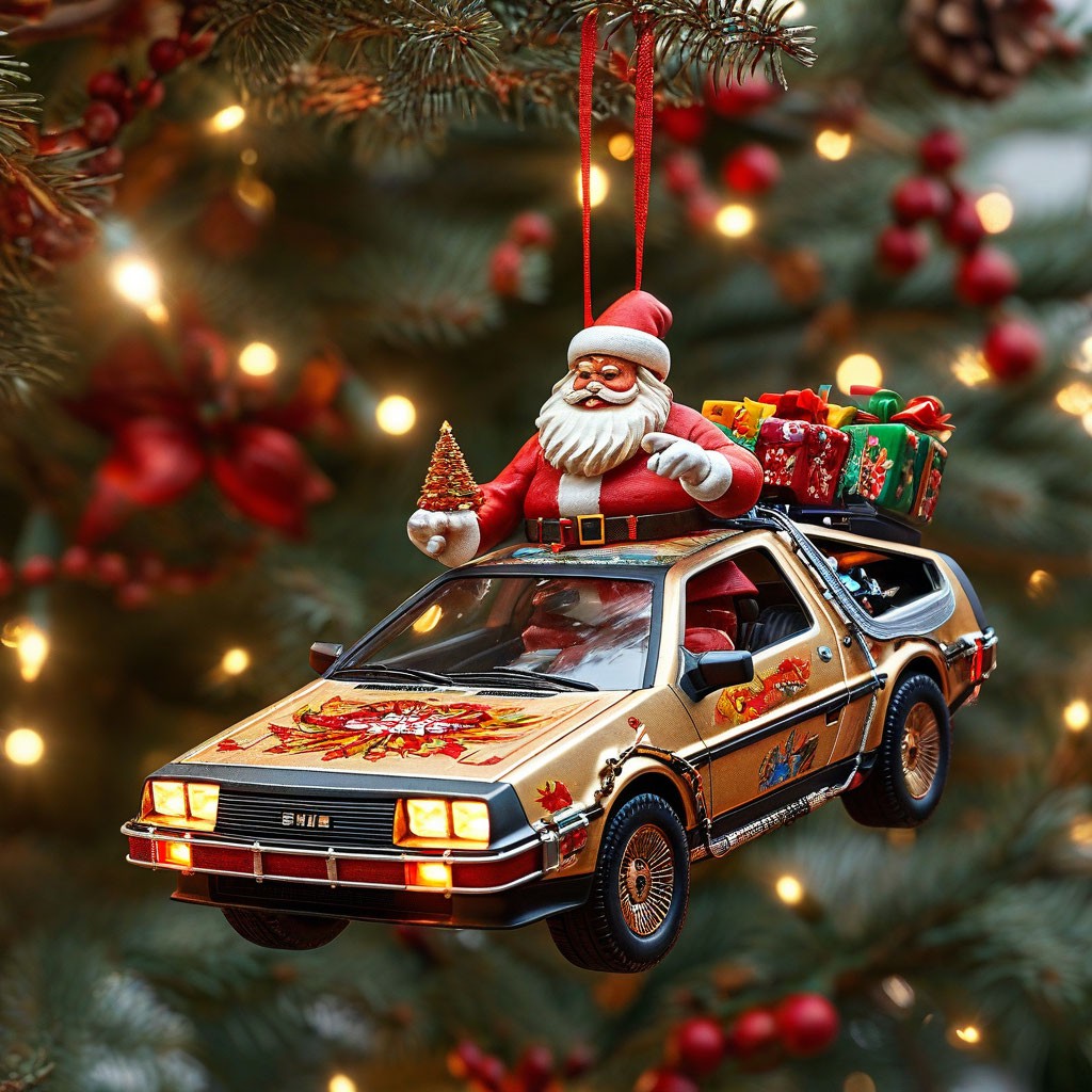 "Santa Claus is flying with gifts on a Dolorian from the movie "Back to ...