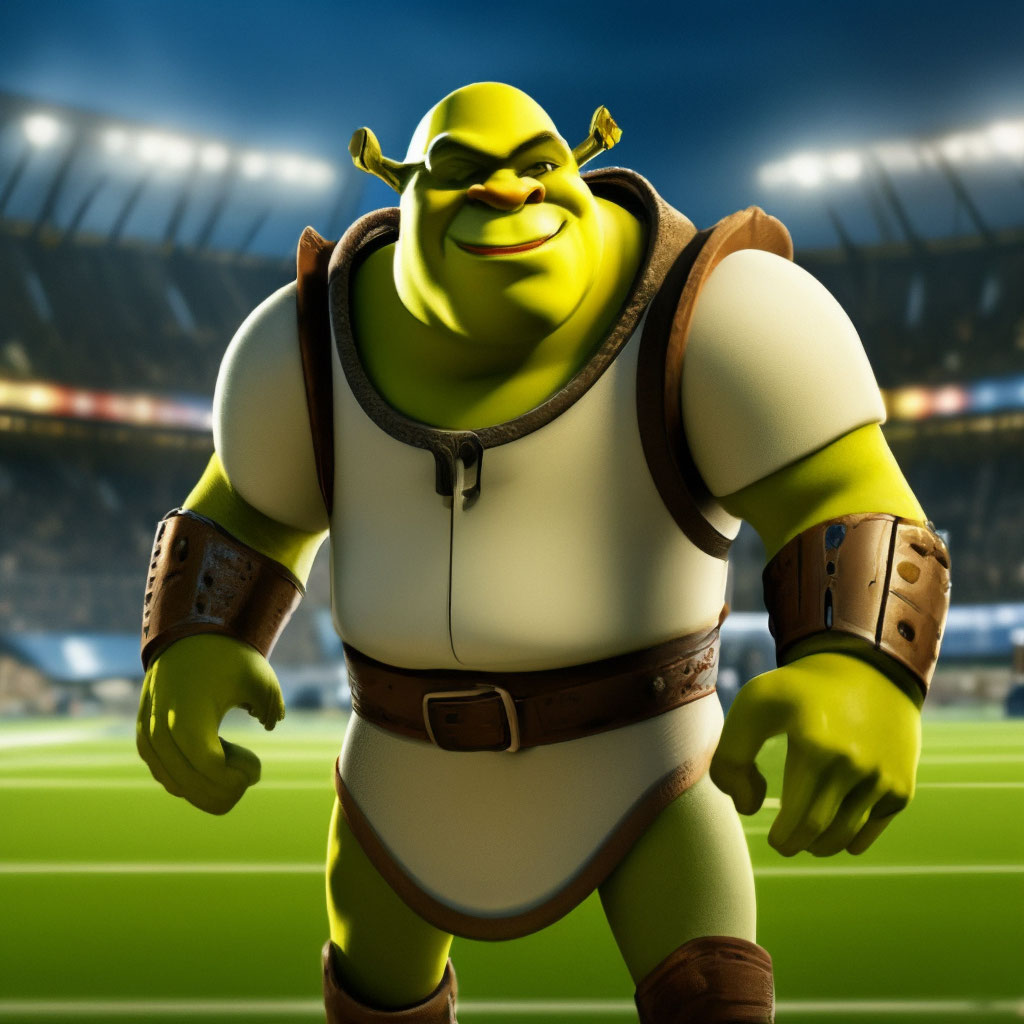 "Shrek plays football at the stadium …" — image created in Shedevrum